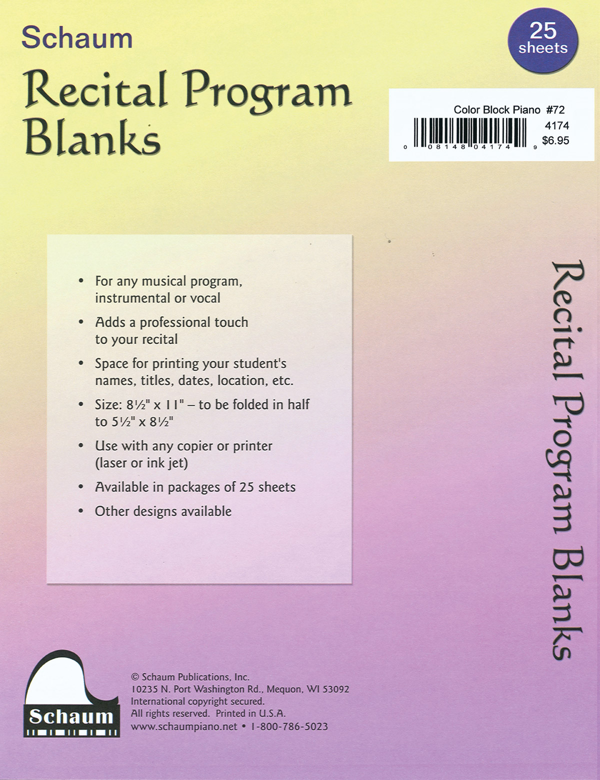 Schaum Recital Programs (Blank) #72: Color Block Piano: Piano 25 ...